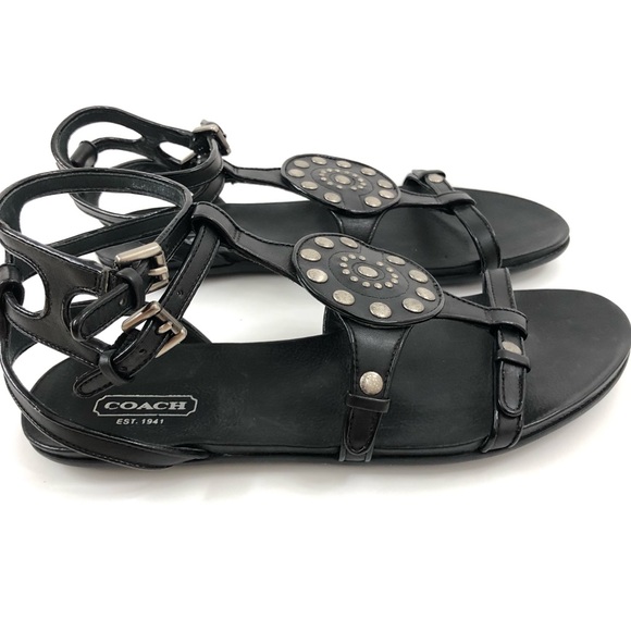 Coach | Shoes | Coach Nwot Gladiator Studded Accents Strappy Black Flat ...
